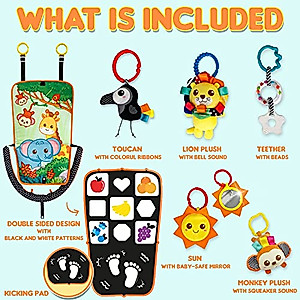 Innofans Baby Car Seat Infant Toys - Baby Travel Activities, Sensory Stroller Toy for Toddlers, Portable Car Seat Toys with Music, Mirror and Squishy Animals Toys, Newborn Toys, Baby Activity Center