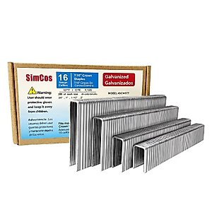 SimCos 16 Gauge 7/16" Crown Staples (2",1-1/2" 1", 3/4") for Wood, Galvanized Steel Assorted 1120 Counts for 16 GA Pneumatic or Electric Stapler or 16 Gauge Staple Gun,Project Pack
