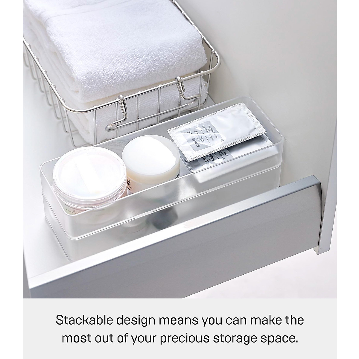 Yamazaki Home Tower Set Of 2 Clear Bottom Storage Cases - Stackable Transparent Organization Bins, Large - Large - Ps Resin