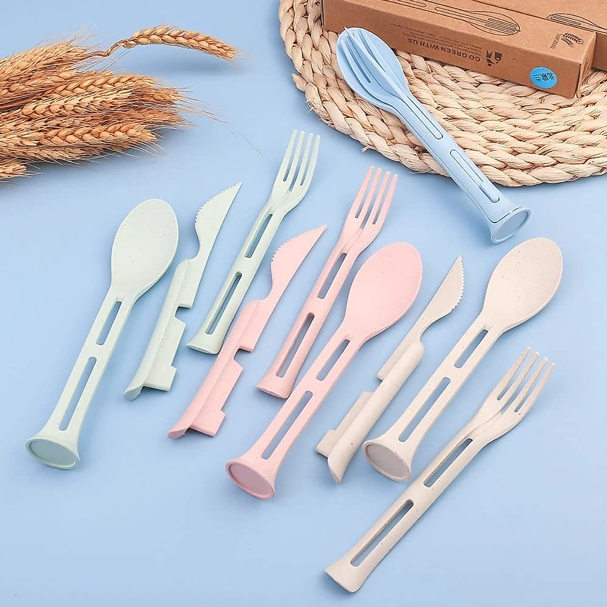 3pcs/set 3 in 1 Travel Portable Cutlery Set Japan Style Wheat Straw Knife Fork Spoon Student Dinnerware Sets Kitchen Tableware (Green)