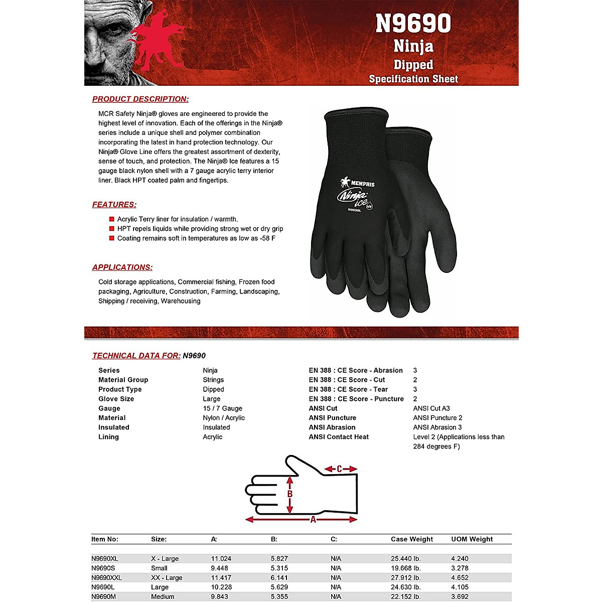 MCR Safety Ninja Ice Gloves, Black, Large