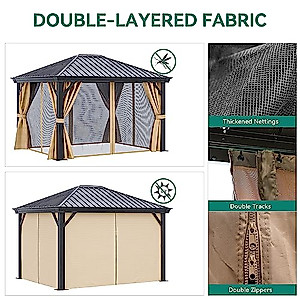 DWVO 10x12ft Hardtop Gazebo with Nettings and Curtains, Heavy Duty Galvanized Steel Outdoor Vertical Stripes Roof for Patio, Backyard, Deck, Lawns, Brown