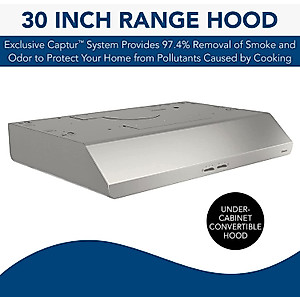 Broan-NuTone BKSH130SS Sahale 30-inch Under-Cabinet Easy Install 4-Way Convertible Range Hood with 2-Speed Exhaust Fan and Light, 300 Max Blower CFM, Stainless Steel