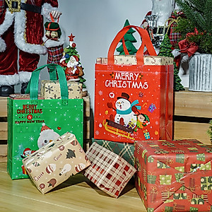 Christmas Gift Bags Tote-Bag with Handles - 12 Pack Reusable Non-Woven Xmas Party Supplies Present Holiday Santa Claus Merry Christmas Pattern for New Year Shopping L9.5"xH10.2"xW4.3" (L24xH26xW11cm)