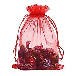 HRX Package Organza Bags Red 100pcs, 5 x 7 inches Christmas Gift Drawstring Bags Mesh Jewelry Pouches for Wedding Party Favors