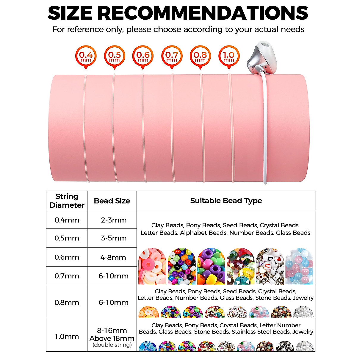 6 Rolls FIVEIZERO Elastic Bracelet String Cord, 0.4mm, 0.5mm, 0.6mm, 0.7mm, 0.8mm, 1mm Crystal Clear Stretchy Elastic Bead String for Bracelets, Jewelry Making and Clay Pony Seed Stone Beads Beading