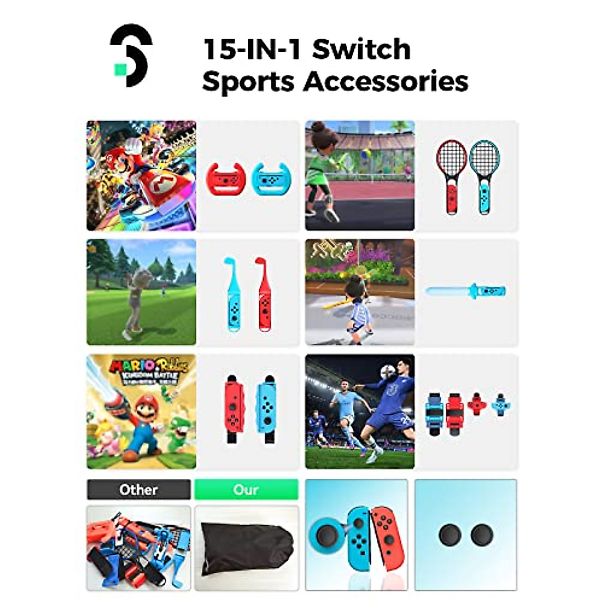 2023 Switch Sports Accessories Bundle - 15 in 1 Family Accessories Kit for Nintendo Switch Sports Games:Tennis Rackets,Sword Grips,Golf Clubs,Storage Bag and More,Christmas,Birthdays, Children's Day Gift Set.
