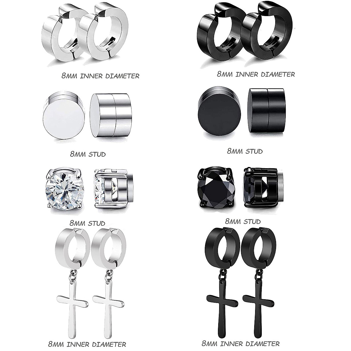 WAINIS 13 Pairs Stainless Steel Non Pierced Earrings for Men Women CZ Clip on Dangle Earrings Set