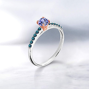 Gem Stone King 0.50 Ct 4mm Round Blue Tanzanite Blue Diamond 925 Silver and 10K Rose Gold Ring (Size 7)