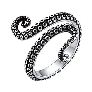 ChicSilver Octopus Ring 925 Sterling Silver Punk Vintage Sea Monster Open Adjustable Stacking Ring for Women Men Size 8