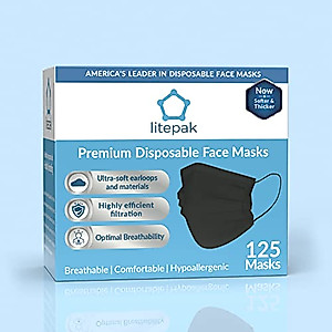 125-Pack Litepak Disposable Face Mask Premium Comfort Earloops with Dispenser Box (Black)