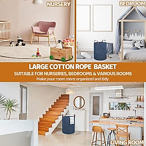 Caroeas XX-Large Cotton Rope Basket, 20'' x 16'' Rope Baskets with Leather Handles, 80L Woven Baby Laundry Blanket Basket, Woven Basket for Toys, Collapsible Rope Laundry Basket (Blue)