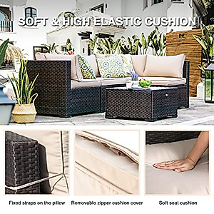 NATURAL EXPRESSIONS 5 Piece Outdoor Patio Furniture Sets,All-Weather Wicker Sectional Sofa Patio Conversation Set,Tempered Glass Table & Washable Cushions for Backyard,Porch,Deck,Balcony