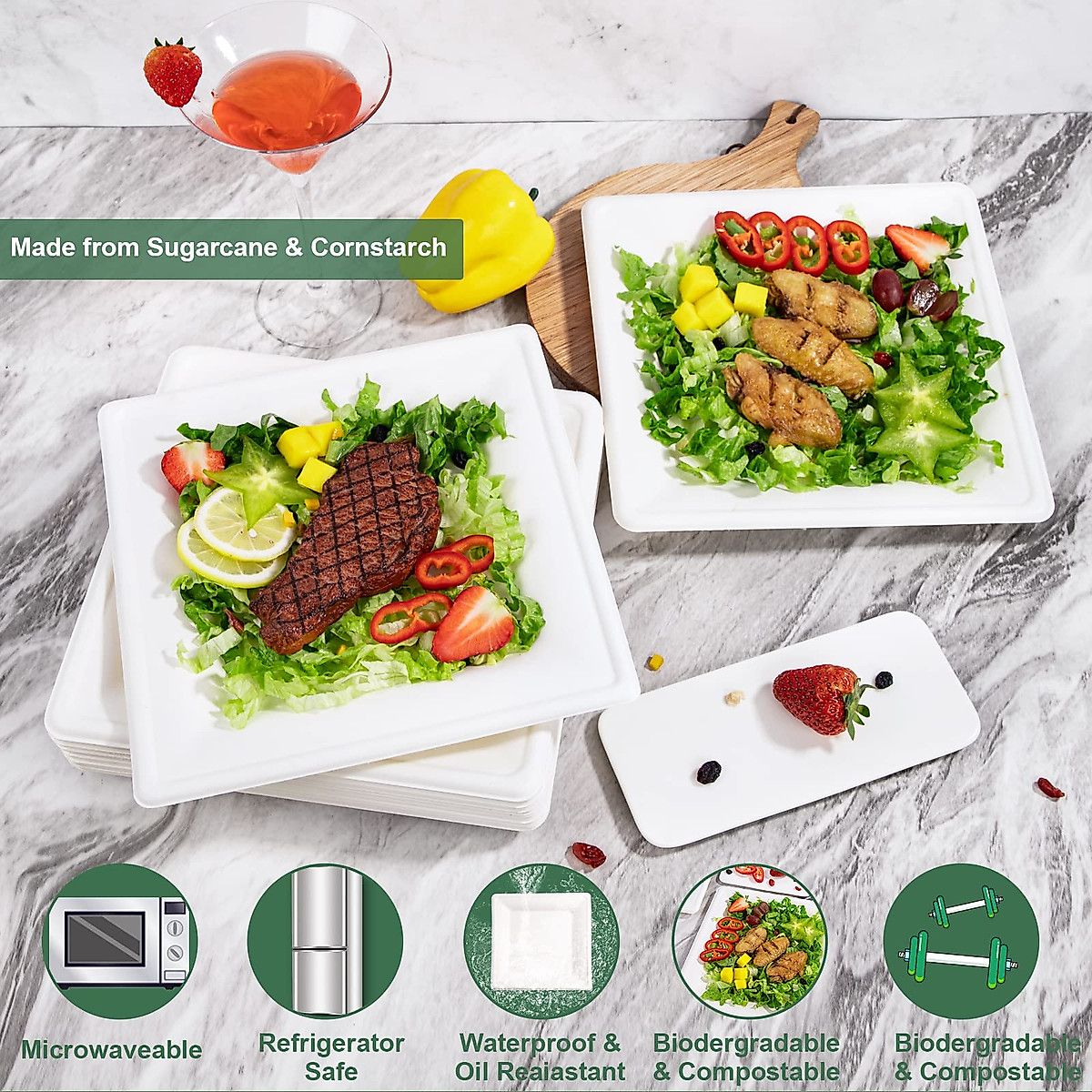 SUT 10-Inch Compostable Paper Plates, 100 PCS Square Biodegradable Bagasse Plates, Heavy-Duty Microwaveable Plates, Eco-Friendly Natural Disposable Plates, Made of Sugarcane Fibers, for Party, Picnic