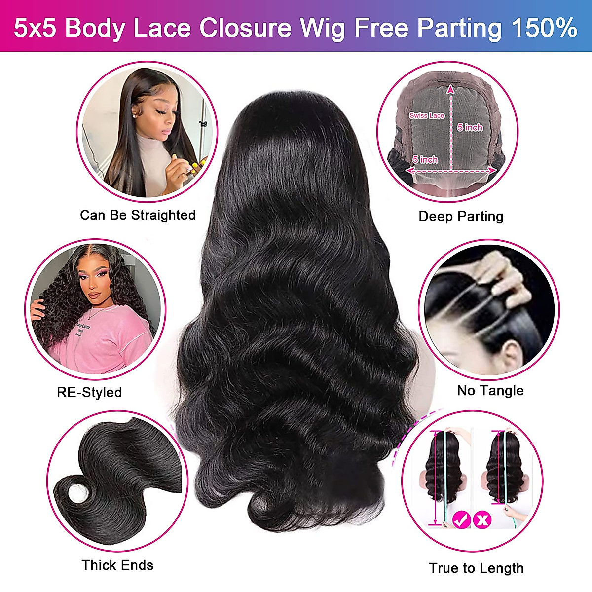 Aaliweya 5x5 HD Lace Closure Wigs Human Hair Body Wave 5x5 Transparent Lace Front Wig for Women 150 density Lace Closure Wig Pre Plucked with Baby Hair Soft and Smooth Natural Black Color 22inch