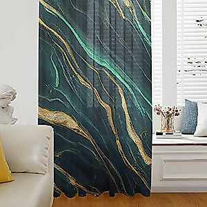 Marble Emerald Green Semi Sheer Curtains Drapes for Living Room, Bedroom, French Doors Window 54 Inches Long, Modern Abstract Gold Art Rod Pocket Chiffon Curtain Drapery Voile Draperies Panel
