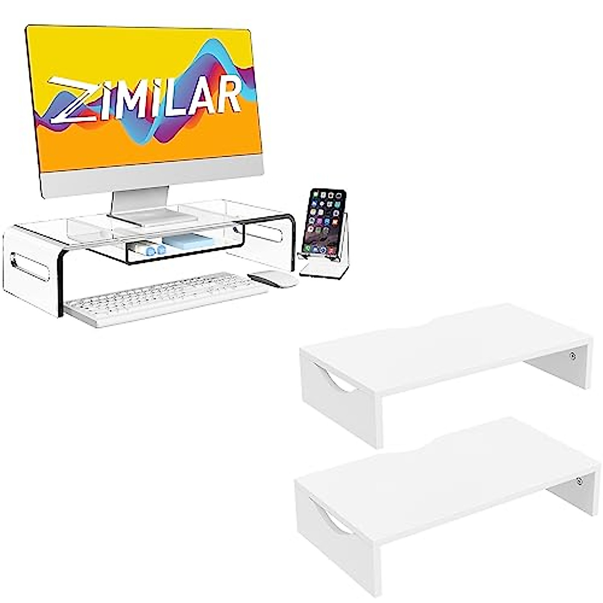 Zimilar 2 Pack Monitor Stand Riser, Wood Monitor Riser for 2 Monitors+Zimilar 20 inch Large Monitor Stand Riser with Phone Stand, Crystal Acrylic Monitor Stand with Keyboard Storage