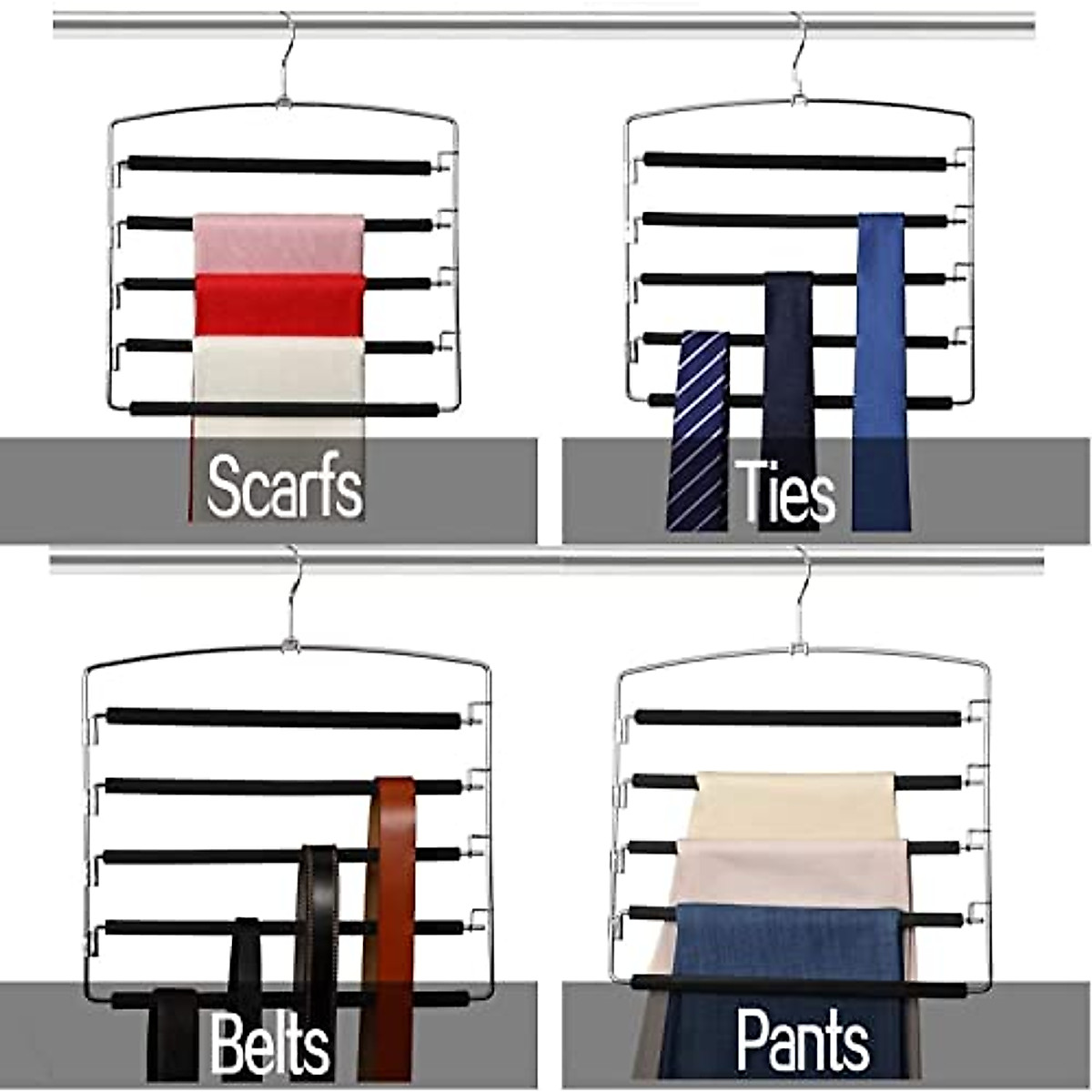 Homa Jia Pants Hangers Space Saver 3 Pack and 4 Heavy Duty Clips, Space Saving Multi Bar Metal Pant Hangers, Stable with Non-Slip Padding, Perfect for Hang Jeans Trousers Ties Scarf Belt Etc