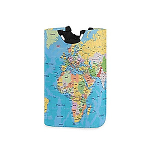 Baofu World Map Laundry Hamper Large Dirty Foldable Clothes Bags Waterproof Durable Lightweight Oxford Round Collapsible Storage Basket Organization with Handles for Home Bathroom Bedroom
