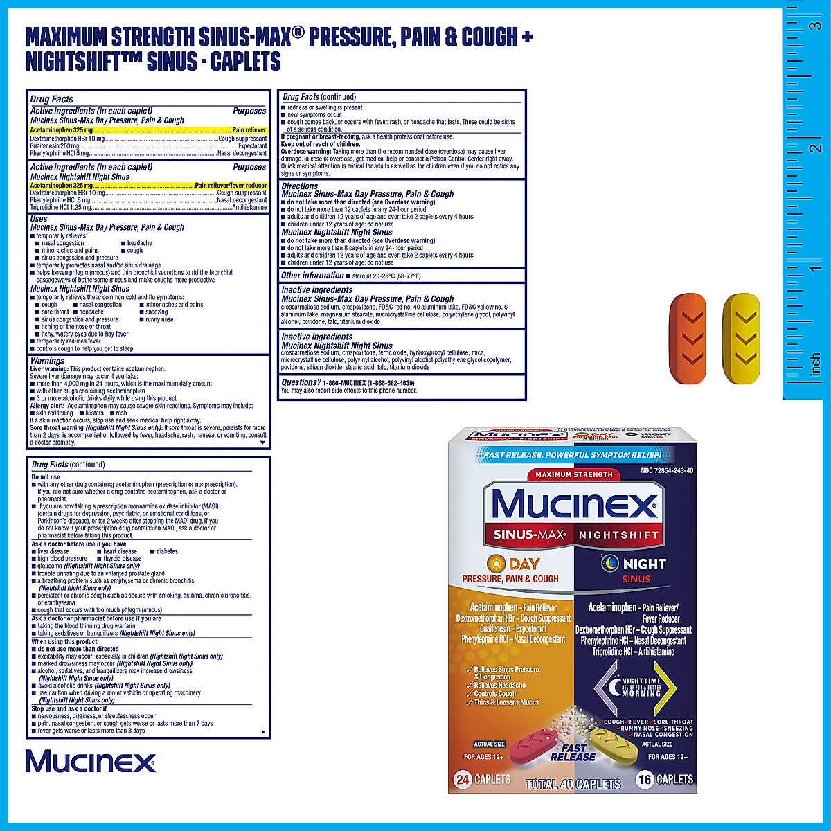 Mucinex Maximum Strength Sinus-Max (Day) Pressure, Pain & Cough & Nightshift (Night) Sinus Caplets, Fast Release, Powerful Multi-Symptom Relief, 40 caplets (24 Day time + 16 Night time) (Pack of 2)