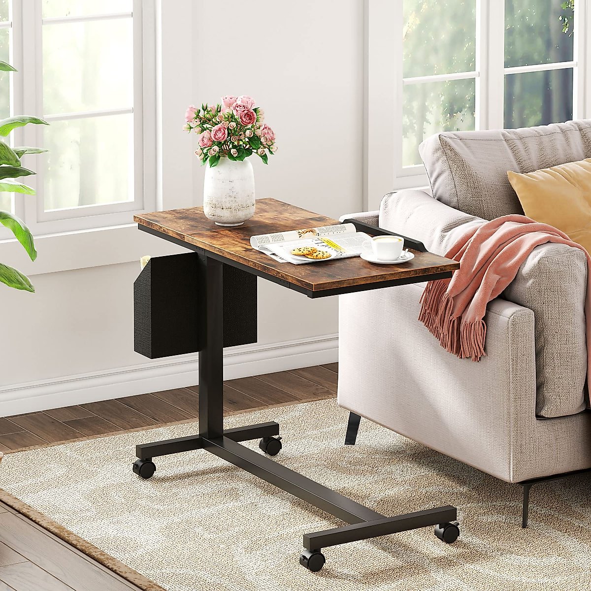 Tribesigns Height Adjustable C Shaped End Table with Wheels and Side Pocket, Mobile Sofa Snack Table with Tiltable Drawing Board, Laptop Side Tray Table for Couch Bed (Rustic Brown)