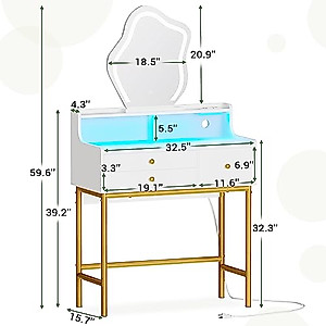 VIAGDO Makeup Vanity with Lights, Vanity Desk with 3-Color Touch Screen Lighted Mirror, White Vanity Table with Charging Station, Modern Makeup Desk with LED Lights, Adjustable Drawer Dividers