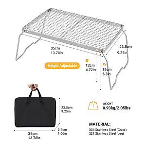 yETO Folding Campfire Grill Grate Over Fire Pit Camping Portable Fire Grate 304 Stainless Steel Cooking Grate with Adjustable Legs & Carry Bag for Camping Hiking Backpacking BBQ Outdoors