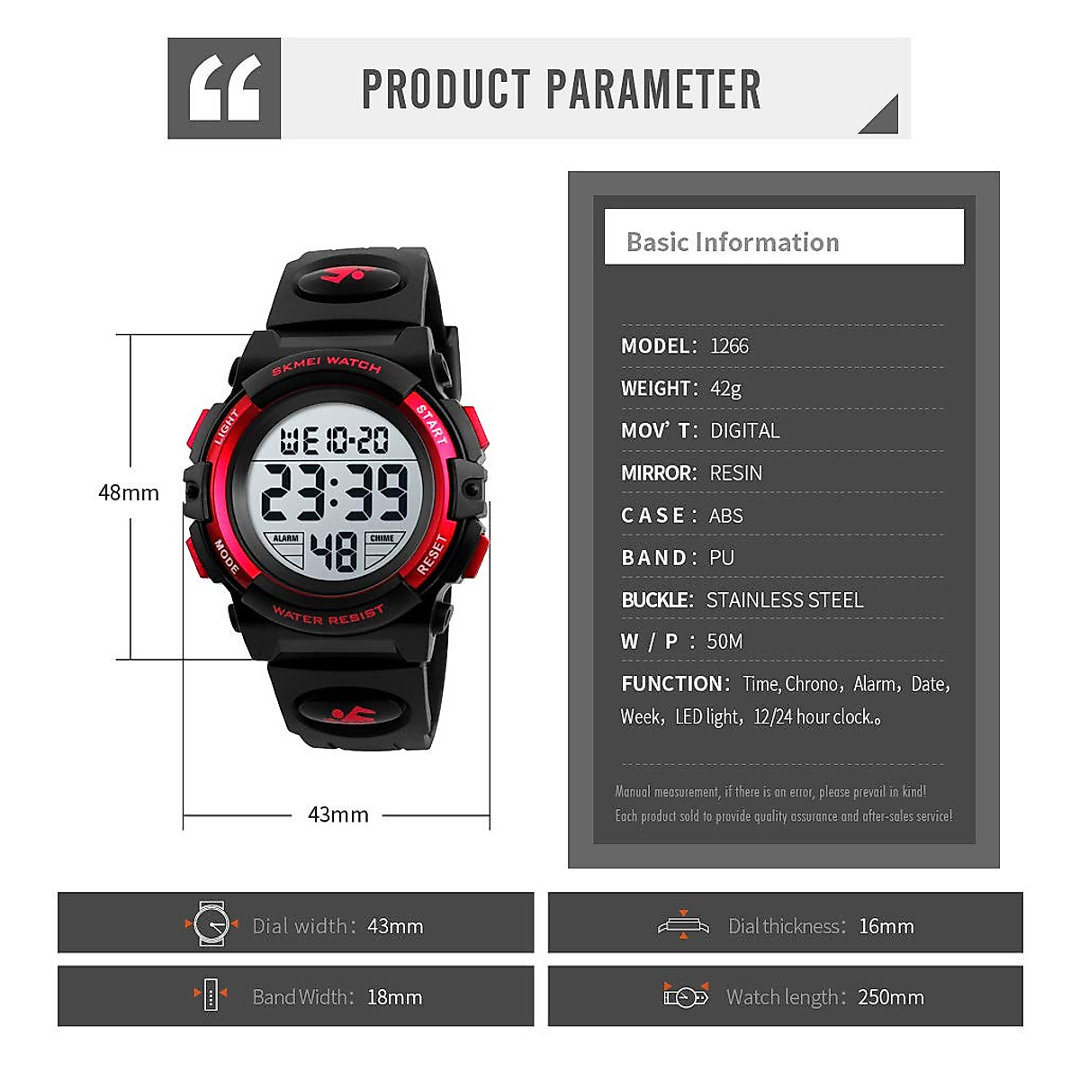 FIZILI Boys Watch Digital Sports Waterproof Outdoor Kids Watches Alarm Clock 12/24 H Stopwatch Calendar 3-15 Year Old Boys Girls Wristwatch - Black Red