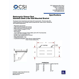 CSI Bathware ADA Bathroom Shower Bath Seat, Folding, Rectangular, Swing Down; Wall Mount Slotted Top 18"x15"