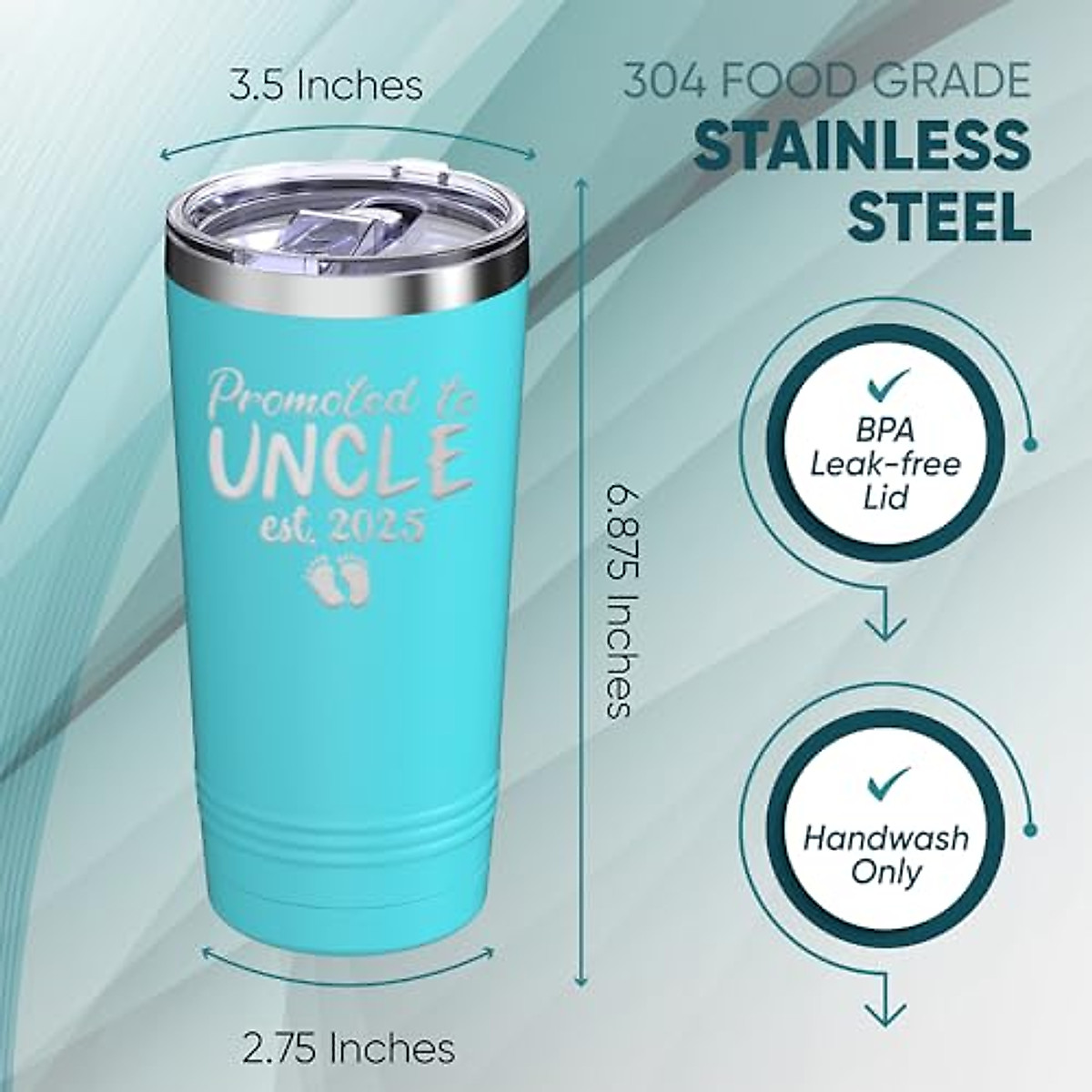 shop4ever Promoted to Uncle Est. 2025 Tumbler Insulated Tumbler 20 oz. with Lid, Stainless Steel Cups Travel Coffee Mug New Uncle Baby Announcement Gift (Teal)