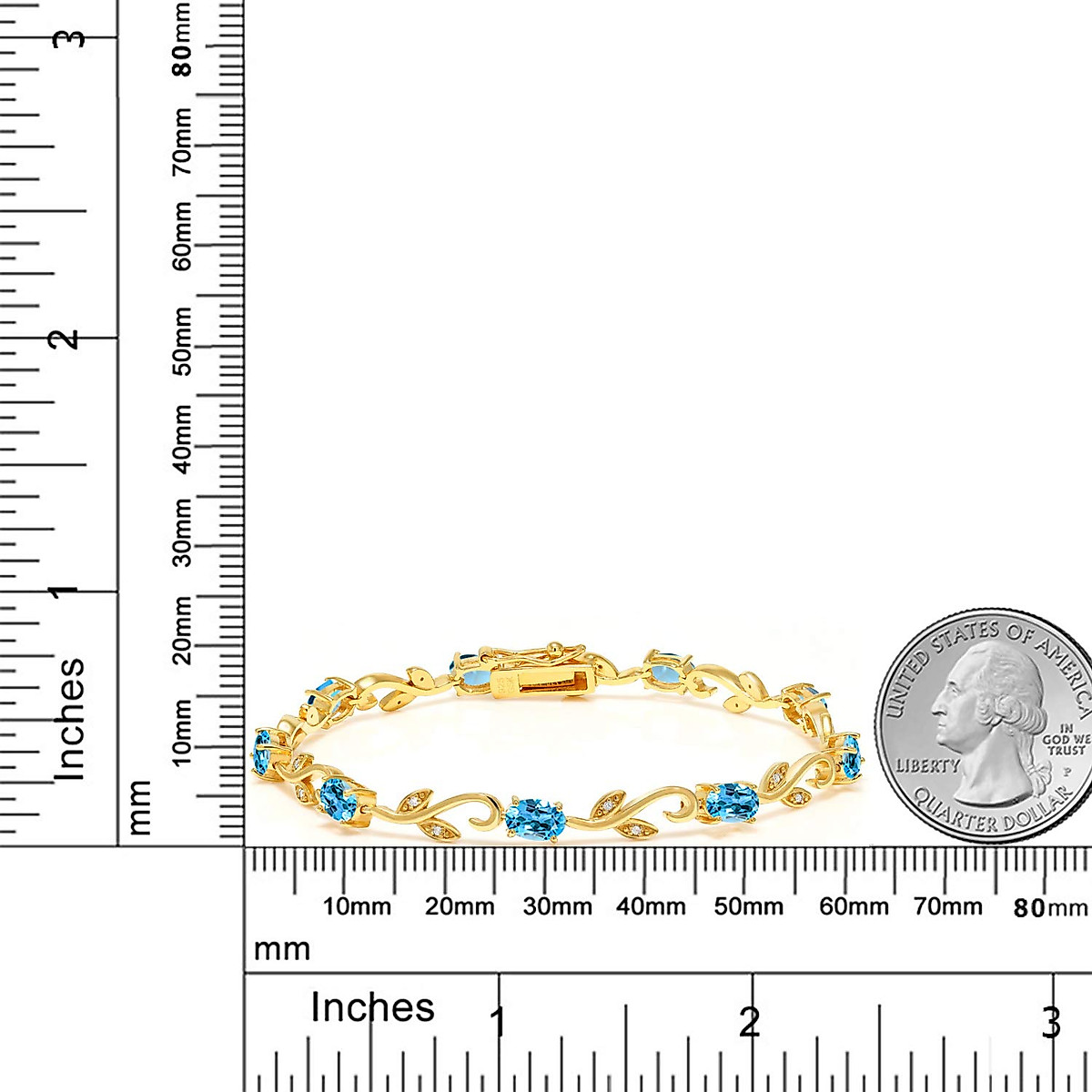 Gem Stone King 18K Yellow Gold Plated Silver Swiss Blue Topaz and Diamond Greek Vine 7 Inch Tennis Bracelet For Women