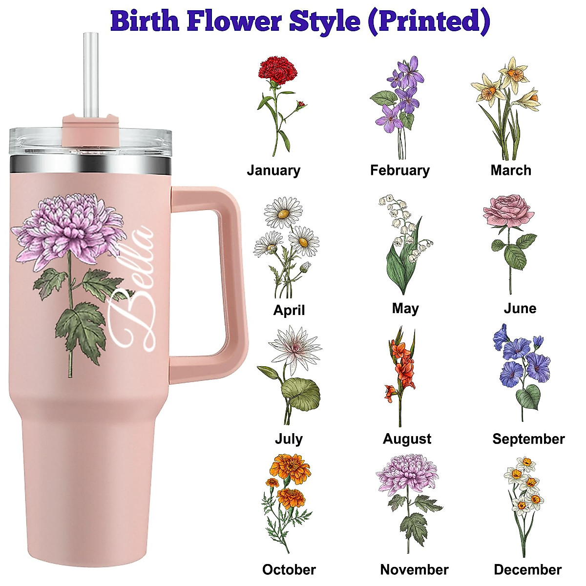 Personalized Tumbler with Handle Straw Custom Insulated Tumblers with Name Birth Flowers Customized 40 oz Stainless Steel Travel Cup Gifts for Women Men Birthdays Christmas Anniversary