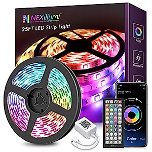 NEXillumi 25ft LED Strip Lights, APP Control Music Sync Color Changing LED Light Strip, SMD 5050 RGB LED Tape Lights with IR Remote (APP+Remote+Mic+3-Button Switch).