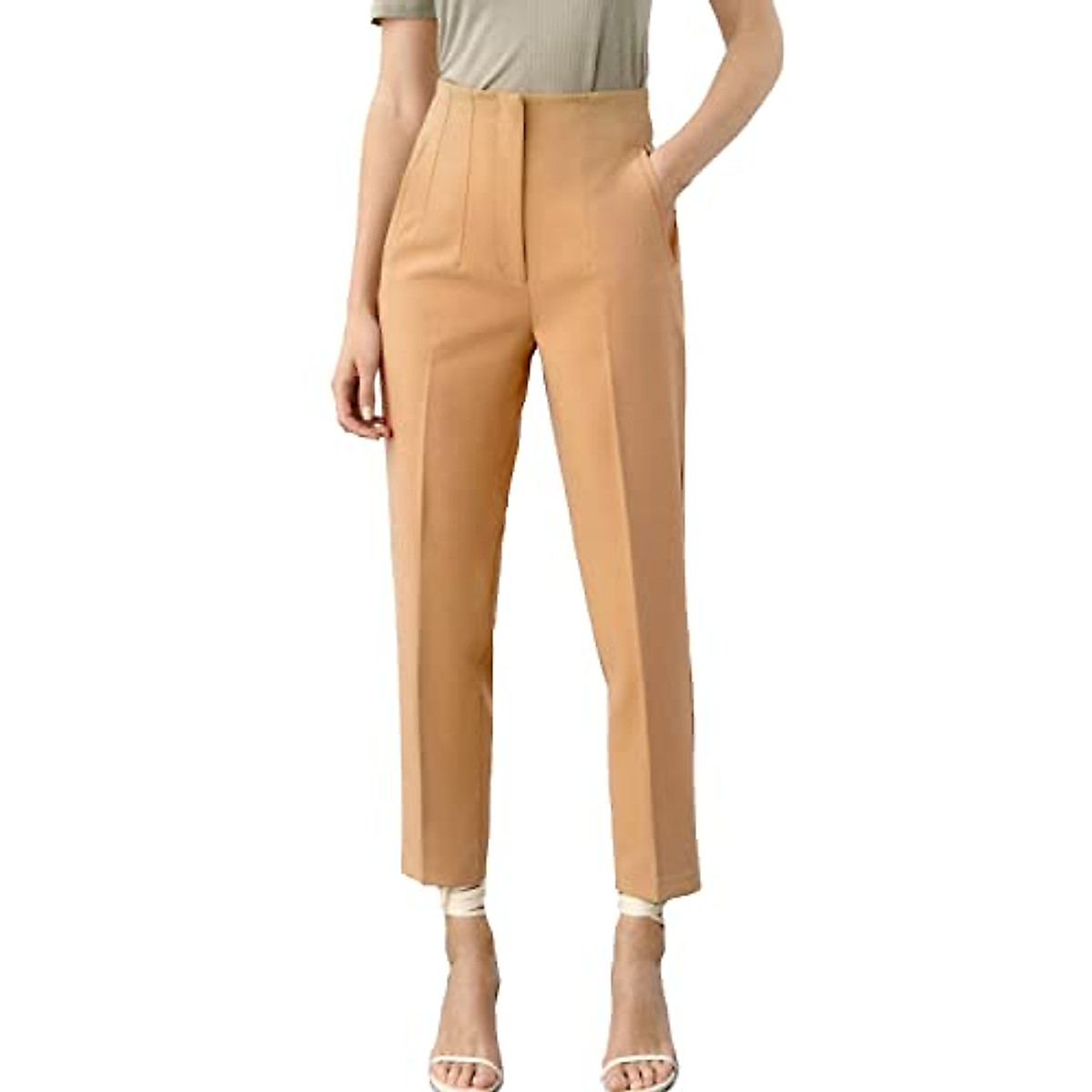 Ugerlov Women's High Waisted Dress Pants Work Business Casual Slacks Tapered Ankle Pants with Pockets, Orange Yellow Large