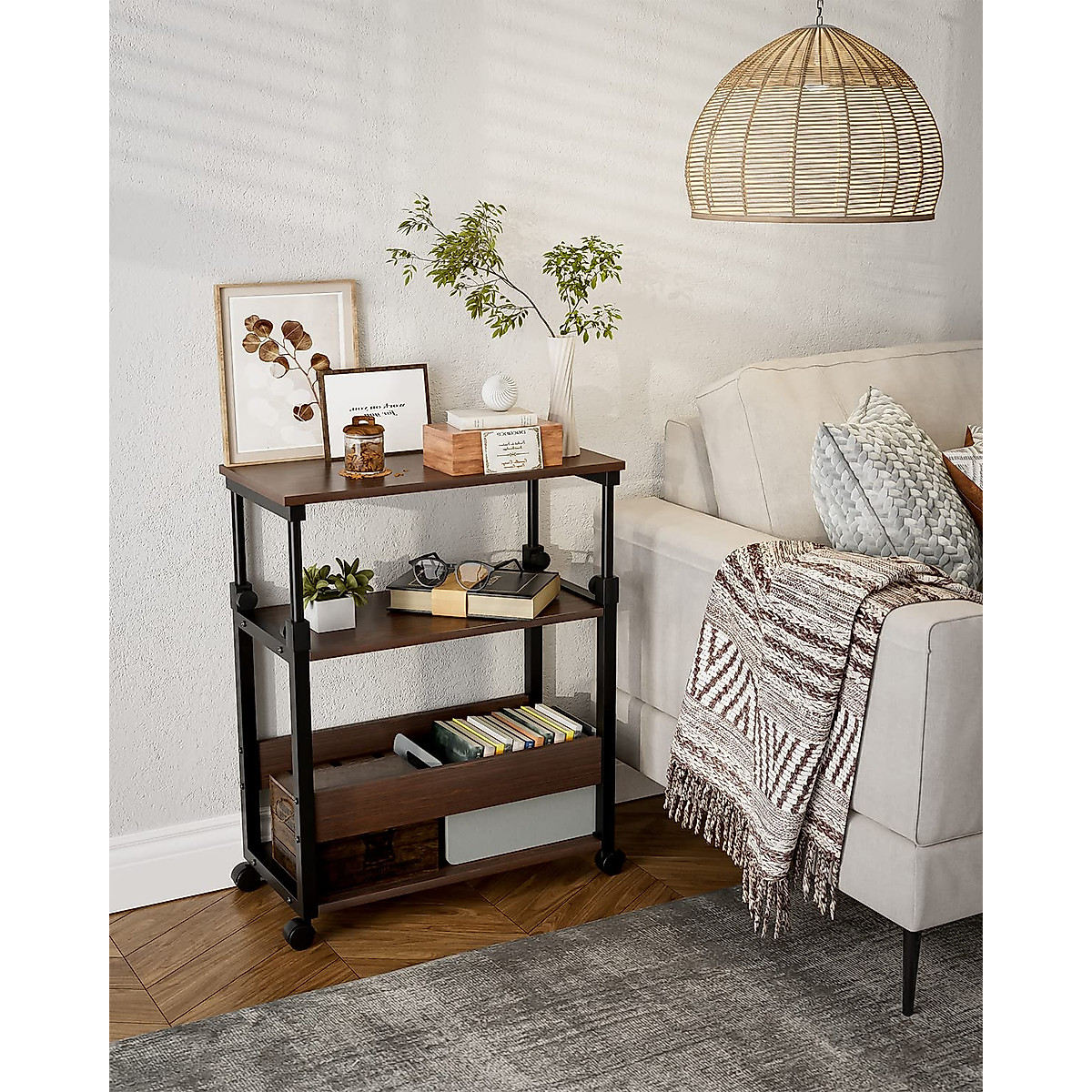 Computer Tower Stand with Wheels, Height Adjustable PC Tower Stand Under Desk, 3 Shelves Rolling Printer Cart for Home Office, Walnut