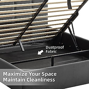 QNZK Full Size Lift Up Storage Bed, Velvet Headboard Upholstered Platform Bed Frame with Hydraulic Storage System & Wooden Slats Support, No Box Spring Needed, Under Bed Storage, Grey