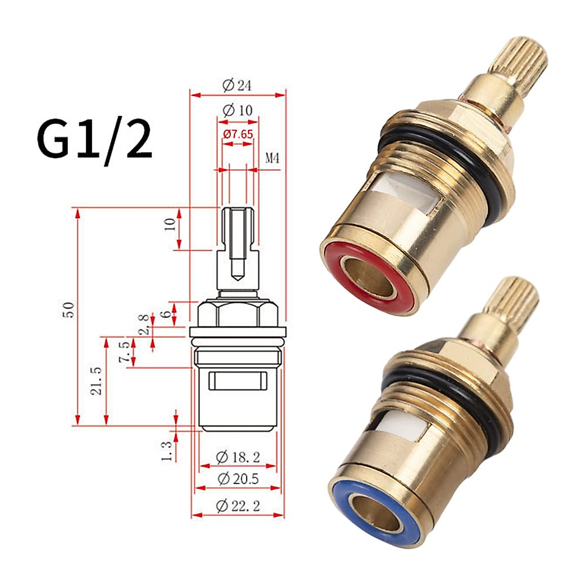 2 Pcs Quarter Turn 1/2" Replacement Tap Valves Brass Ceramic Stem Disc Cartridge Faucet Valves Replacement Valve Cartridge Spares for Faucet Metal