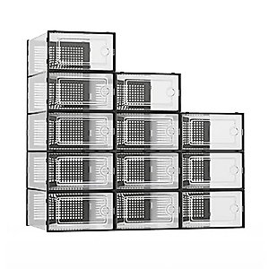 JOCHER 12 Pack Shoe Storage Boxes Black,Clear Plastic Stackable Shoes Organizer for Closet,Sneaker Storage Bins with Lids,Shoe Storage Containers for Under Bed,Entryway,Closet Floor,Space Saving
