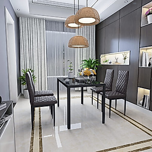 FIQHOME 5-Piece, Black Tempered Glass Kitchen Faux Leather Padded, Contemporary Room 4, Family Dining Table & Chair Set