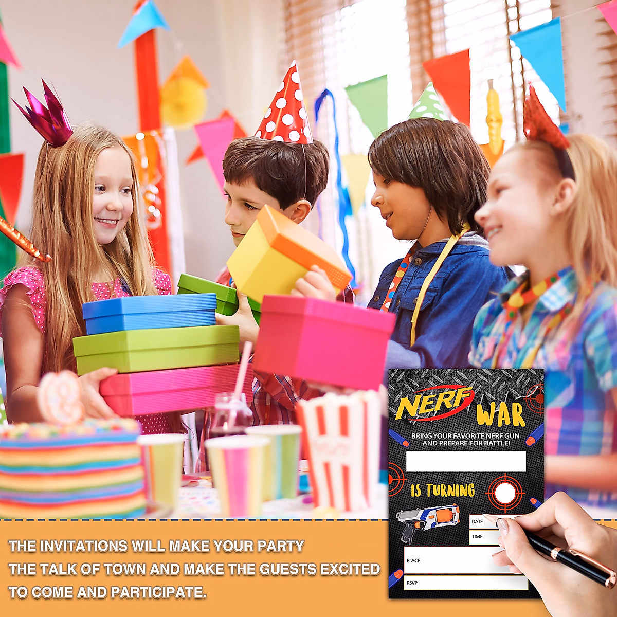 Chuxvon Dart Guns Birthday Party Invitations, Darts Birthday Invitation, Double-Sided Fill In Invites, Kids Dart Gun Birthday Party Decorations, 20 Cards With 20 Envelopes(C16)