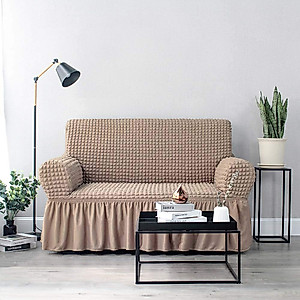 NICEEC Loveseat Slipcover Khaki Loveseat Cover 1 Piece Easy Fitted Sofa Couch Cover Universal High Stretch Durable Furniture Protector Love Seat with Skirt Country Style (2 Seater Khaki)