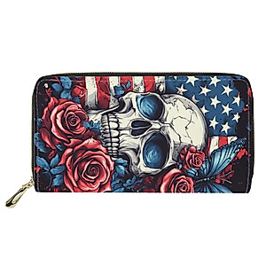 Snilety Women Long Wallet PU Leather Card Case, Red Rose Printed RFID Credit Card Holder Zipper ID Card Travel Wallet