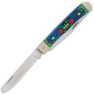 KISSING CRANE Trapper Knife - Sapphire Stained Glass | Pocket Knife for Men | 4" Closed Length | 440 Stainless Steel Blades | Bone Handle Scales & Nickel Silver Bolsters