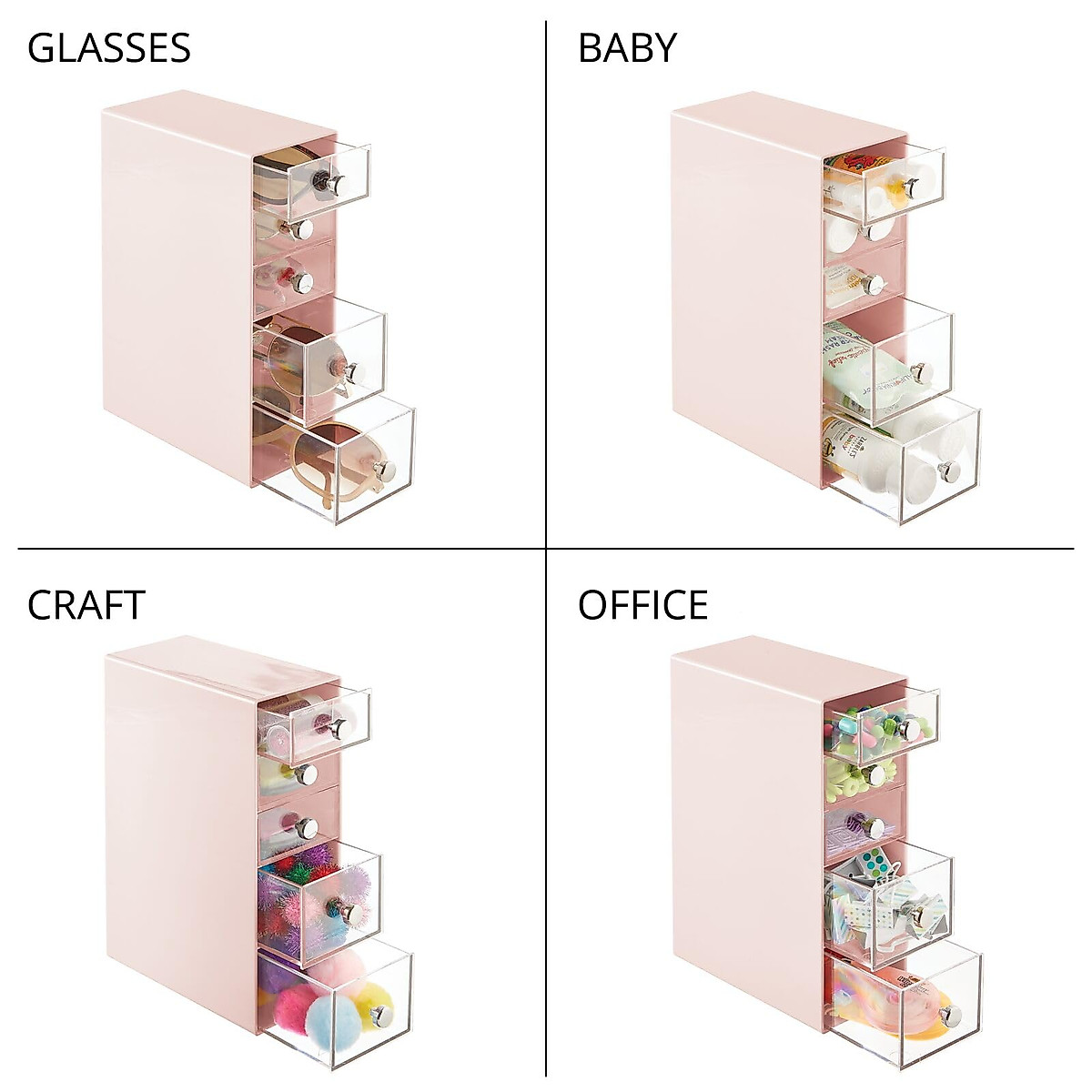 mDesign Plastic 5-Drawer Organizer for Makeup Storage - 5-Tier Storage Organizer - Stackable Organization with Pull-Out Drawers for Bathroom, Vanity, or Desk - Lumiere Collection, Light Pink/Clear