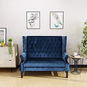 Christopher Knight Home Nolie High Back Tufted Winged Velvet Loveseat, Cobalt / Dark Brown