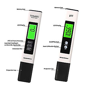 MEASUREMAN PH Meter and TDS Meter Combo，0-14 PH Value, 0.01 Resolution TDS Meter, EC Meter & Temperature Meter 3 in 1, Accuracy ± 2%, 32.0-176.0°F Green Backlight Meter"