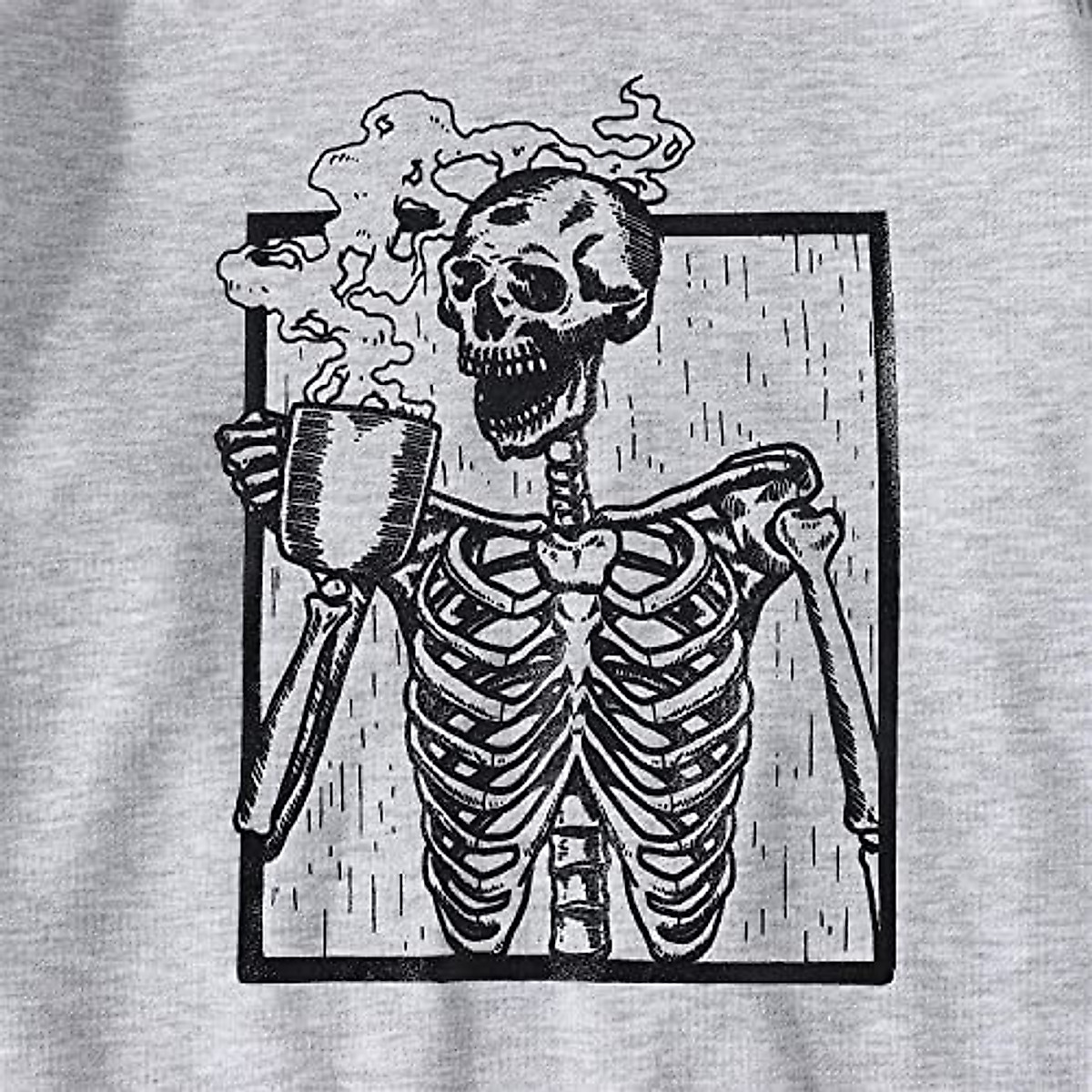 MODNTOGA Coffee Skeleton Sweatshirt Women Halloween Sweatshirt Long Sleeve Skeleton Drinking Coffee Crewneck Pullover Tops (Grey, M)