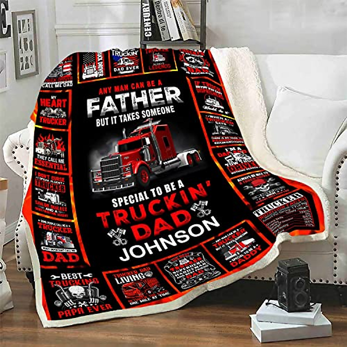 Any Man Can Be A Father But It Takes Someone Special to Be A Truckin Dad | Custom Name Premium Quality Thanks Gift for Trucker Dad | for Fathers Day, Birthday, Throw Warm Bed Made in U.S.A Blanket