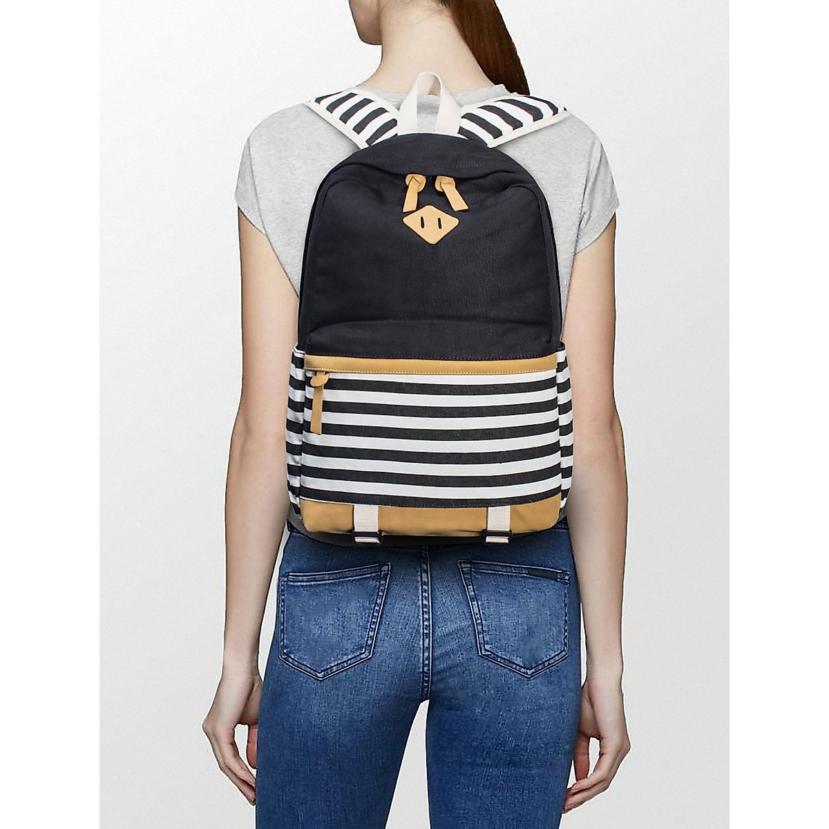 Leaper Navy Style School Laptop Backpack Girls Striped Canvas Bookbag Black