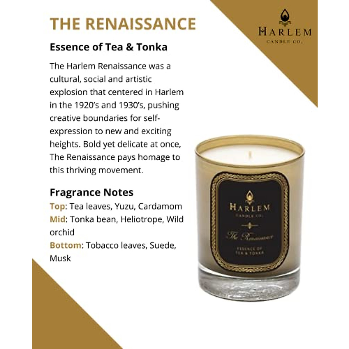 Harlem Candle Company Renaissance Luxury Scented Candle in Gold 12 oz Glass Jar, Single Wick, Handpoured Soy Wax, Gift Box, Scents of Yuzu, Cardamom, Tonka Bean, Heliotrope and Orchid Blossoms